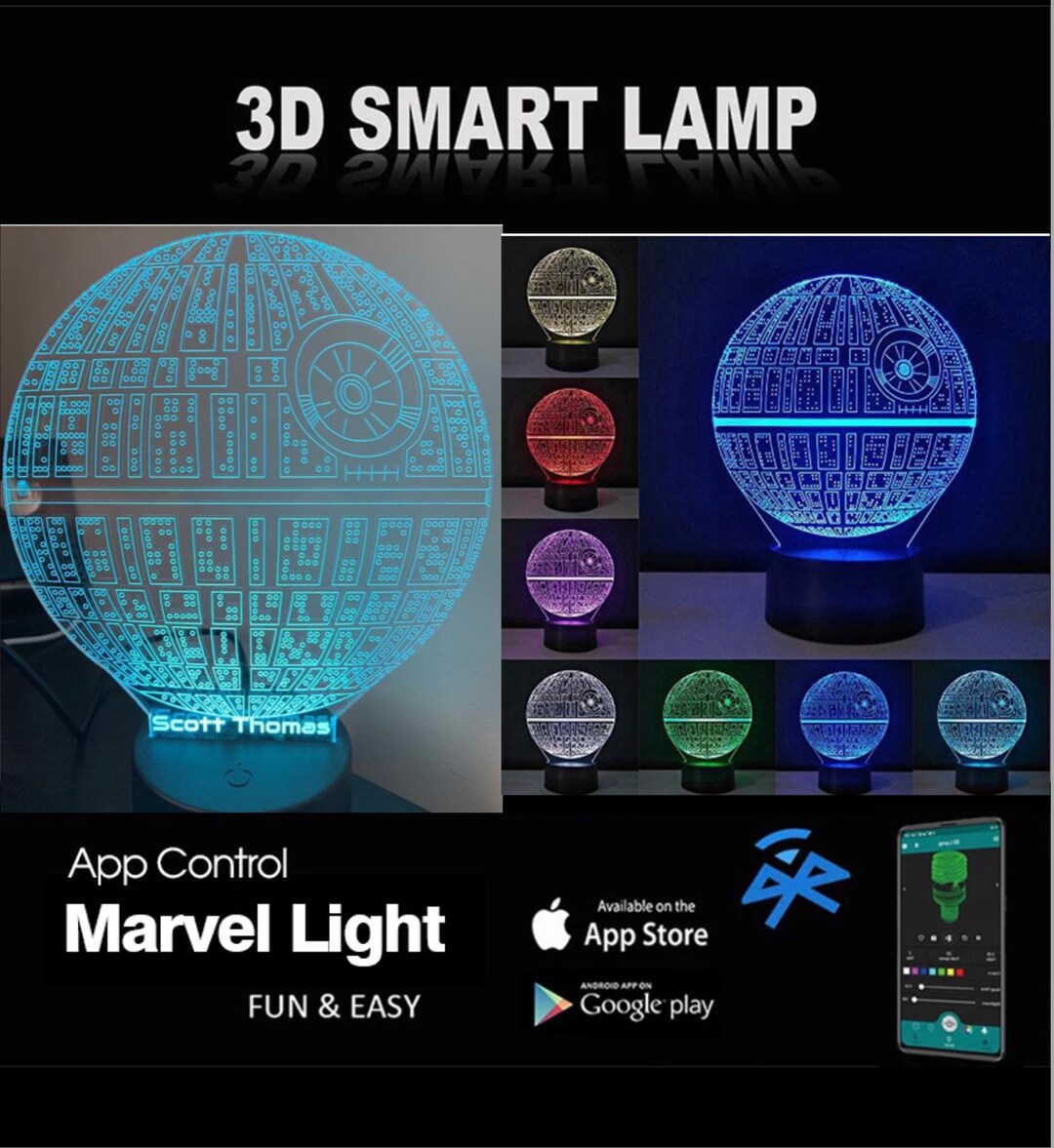 Death Star 3d Illusion Personalised Smart APP Control Night Light ...