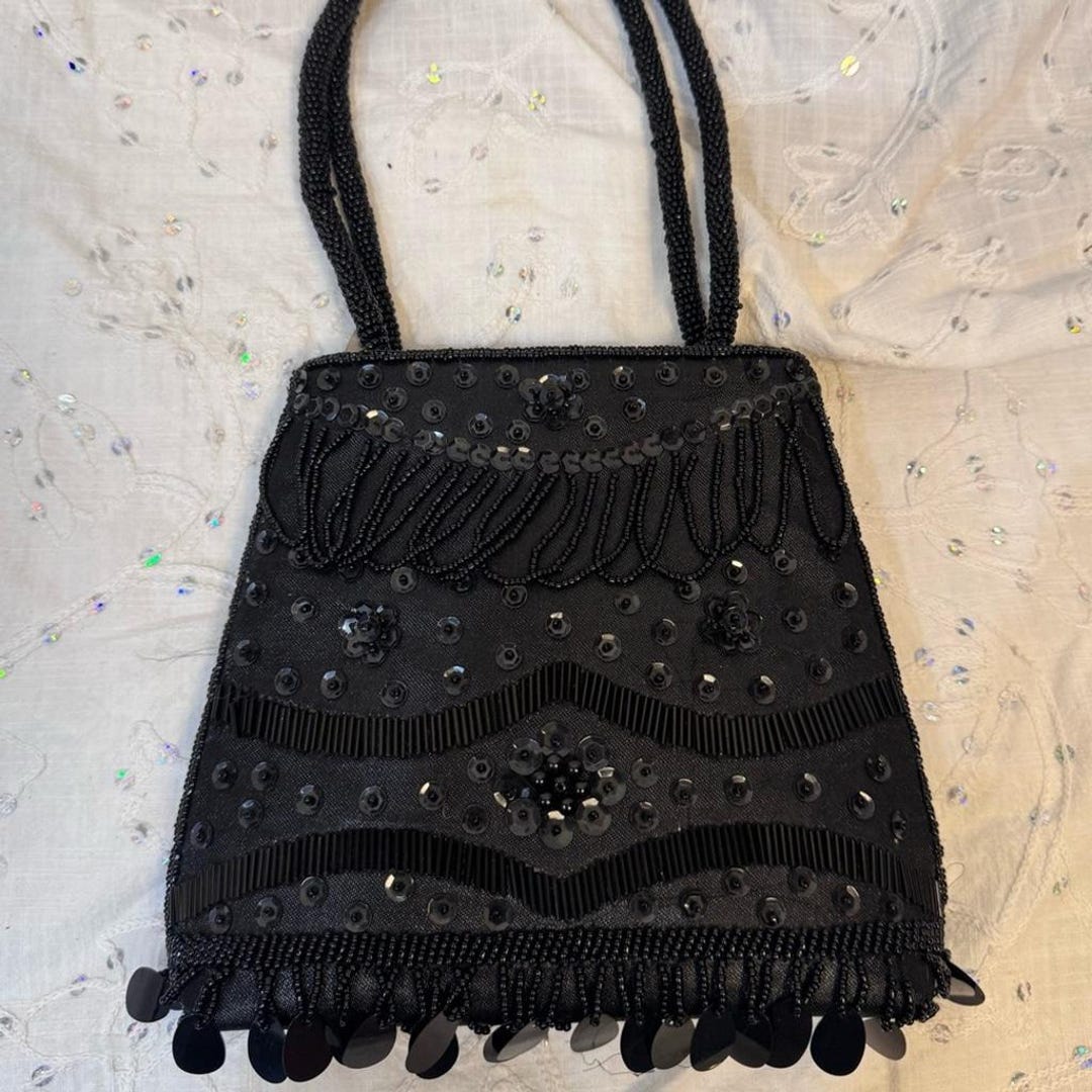 Vintage Black Beaded and Sequin Tapered Evening Bag Double Handle ...
