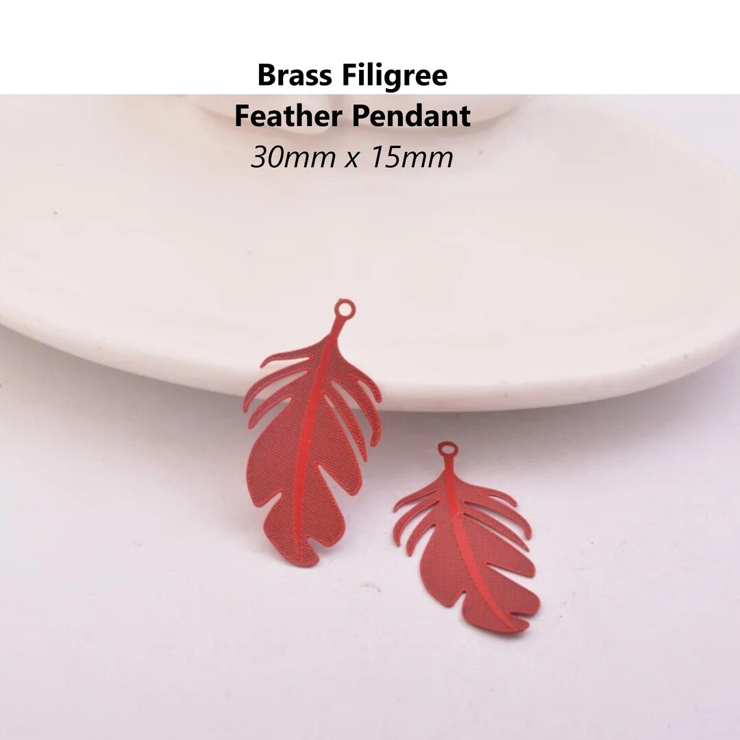 10pcs | 30x15mm | Feather | Brass | Filigree | Red | Thin | Pendant ...