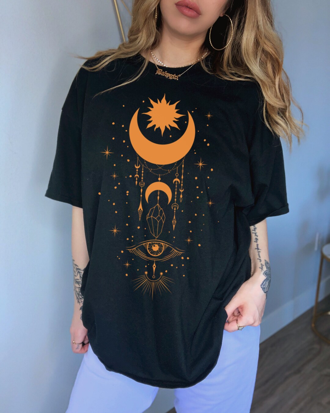 Evil Eye Shirt, Oversized, Sun Moon Stars Crystals, Third Eye Shirt ...