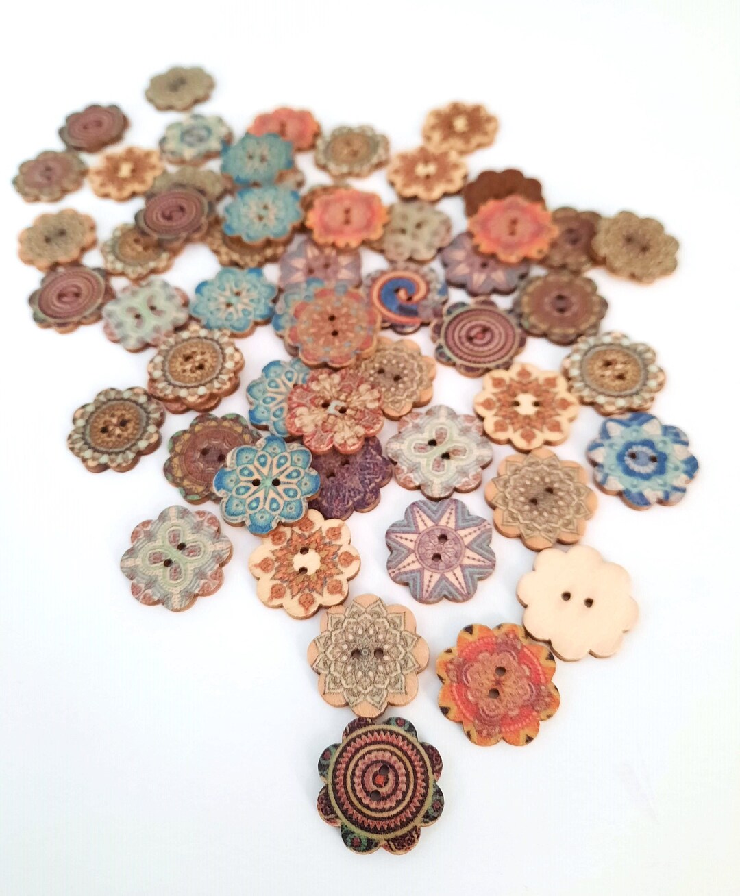 Boho Flower Wood Buttons: Vintage-look Craft Supplies (8-pack) - Etsy