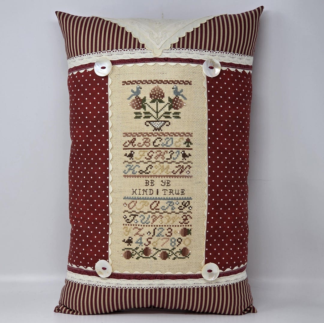 Homespun Elegance Cross-stitched BE YE KIND Pillow on 14 Count Oatmeal ...