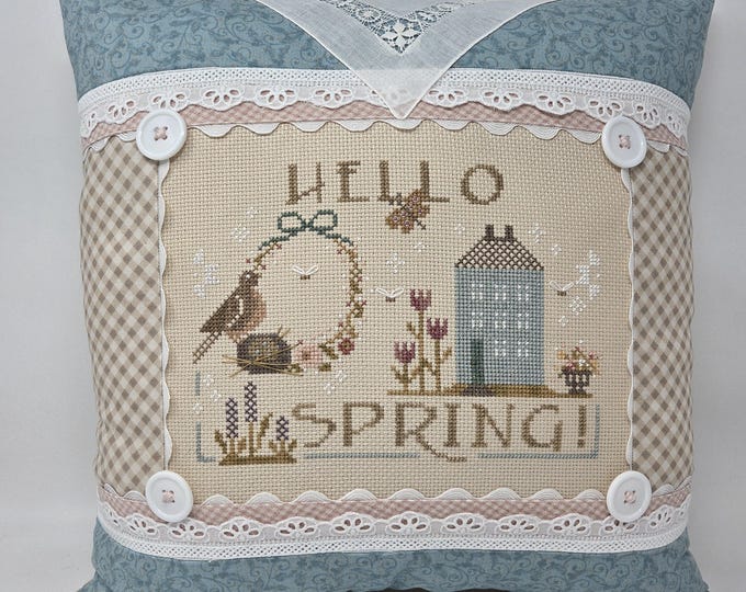 Brenda Gervais Cross-stitched HELLO SPRING PILLOW on 14 Count Parchment ...