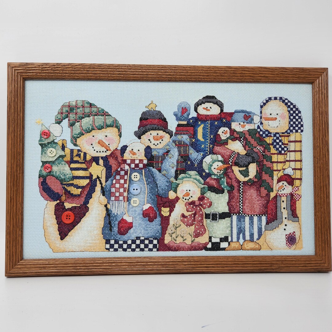 Janlynn Cross-stitched Framed FAMILY of SNOWMEN on 14 Count Ice Blue ...