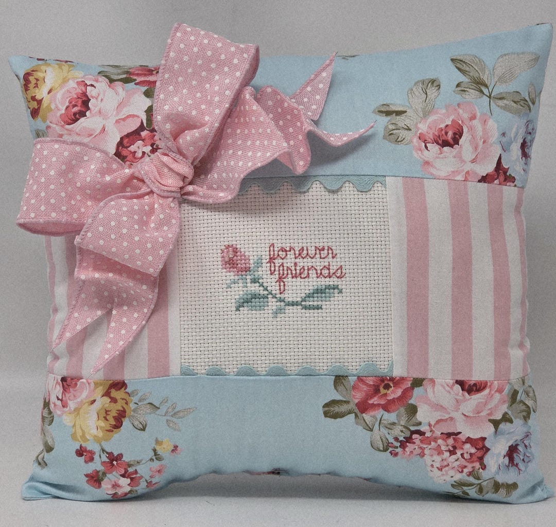 Finished Cross-stitched FOREVER FRIENDS Pillow on 14 Count White Aida ...