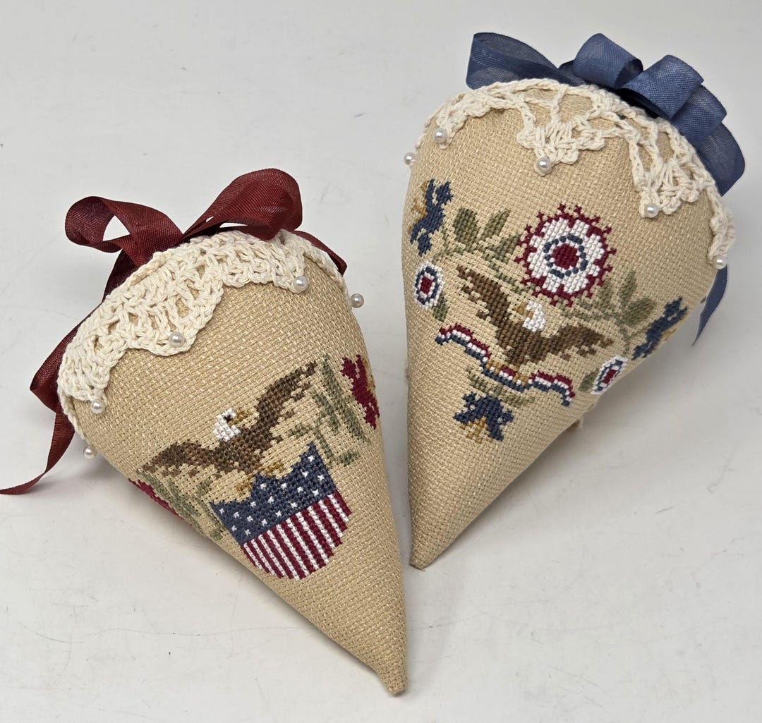 Heartstrings Samplery Cross-stitched JUSTICE & LIBERTY STRAWBERRY on 32 Count Mocha Linen Aida ...