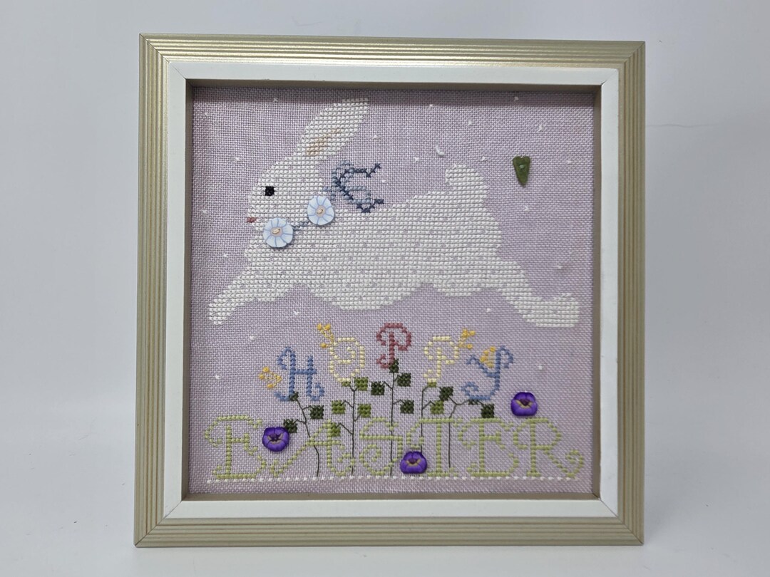 Cricket Collection Cross-stitched FRAMED LEAPING RABBIT on 32 Count Lt ...