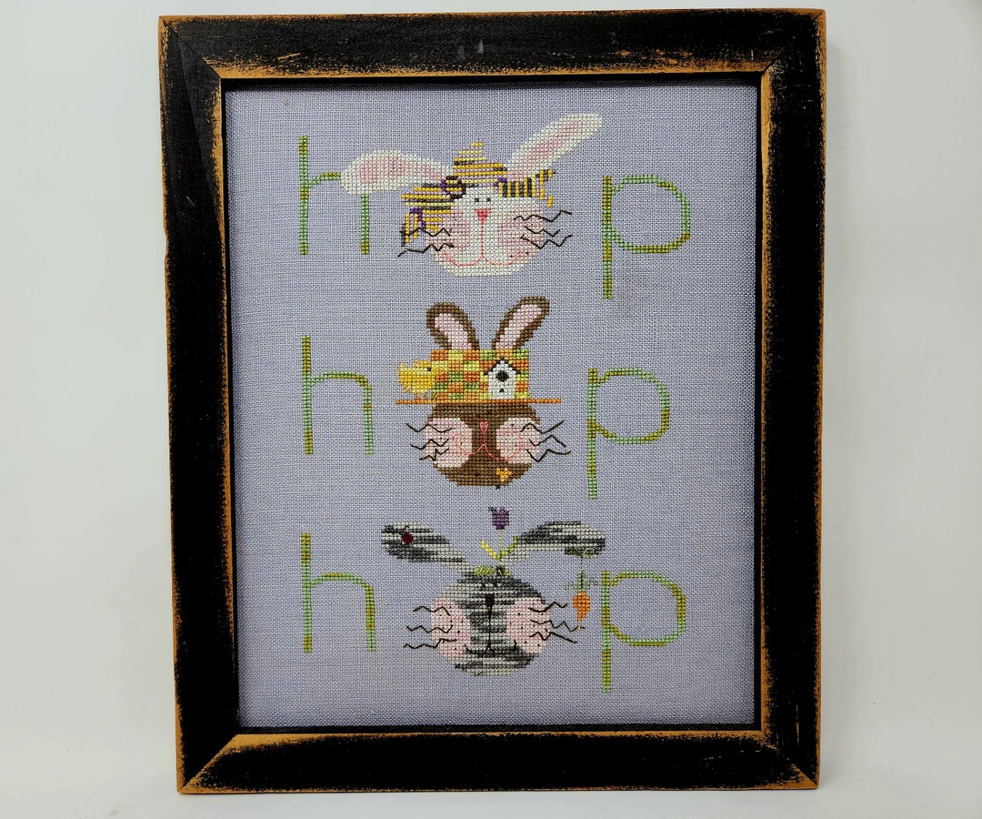HOP HOP HOP Framed Trio of Rabbits Cross-stitched on 36 Count Lt. Grey ...