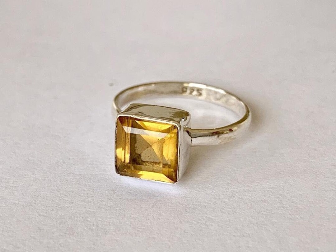 925 Sterling Silver Citrine Ring Square Emerald Cut Solitaire Sz 5 6 7 ...
