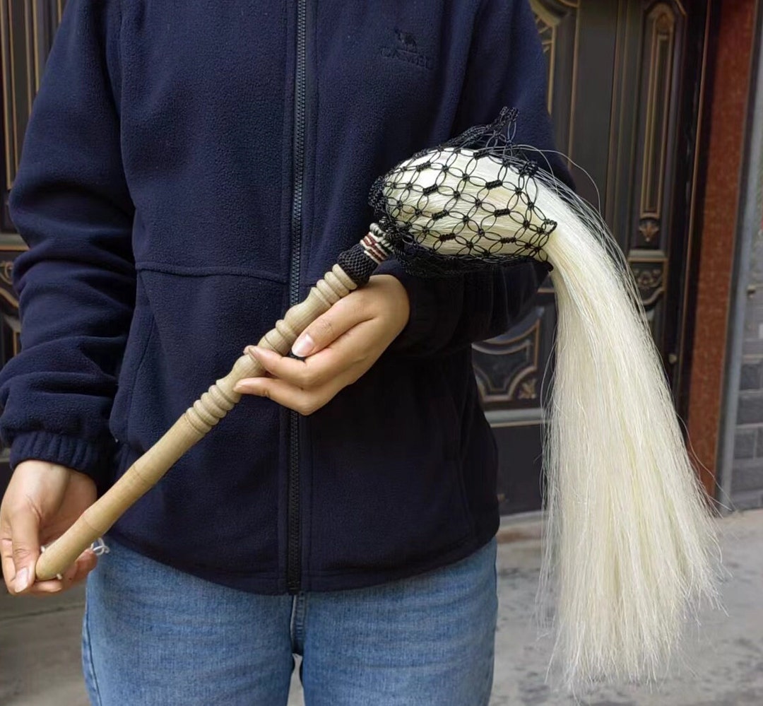 White Real Horse Tail Buddha Dust Props Wood Handle Horsetail Whisk ...