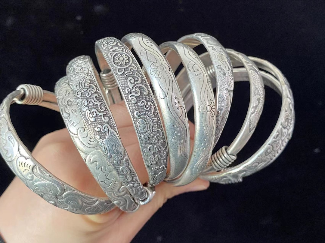 Pair Nepal Sterling Silver Vintage Antiqued Cuff Bangle Bracelet ...