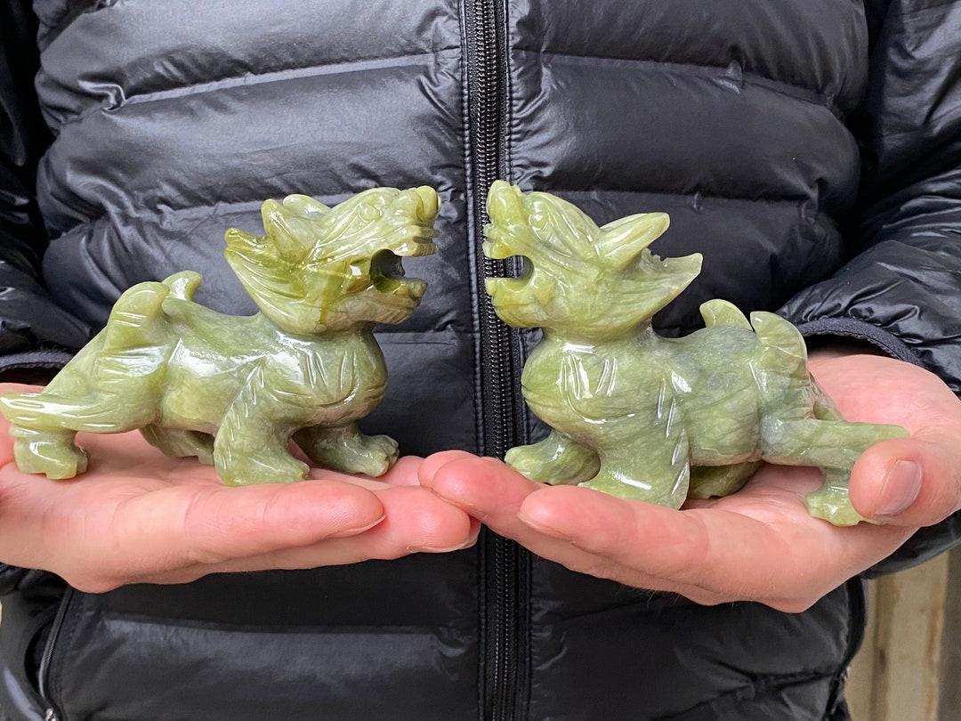 4.1 Pair Green Jade Carved Feng Shui Pixiu Beast Good Luck Fortune ...