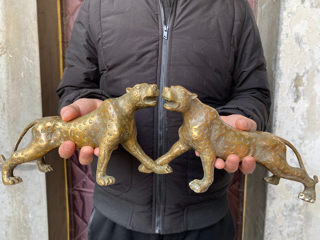 Pair Bronze Metal Cougar Leopard Lion Panther Statue Sculpture Figure ...