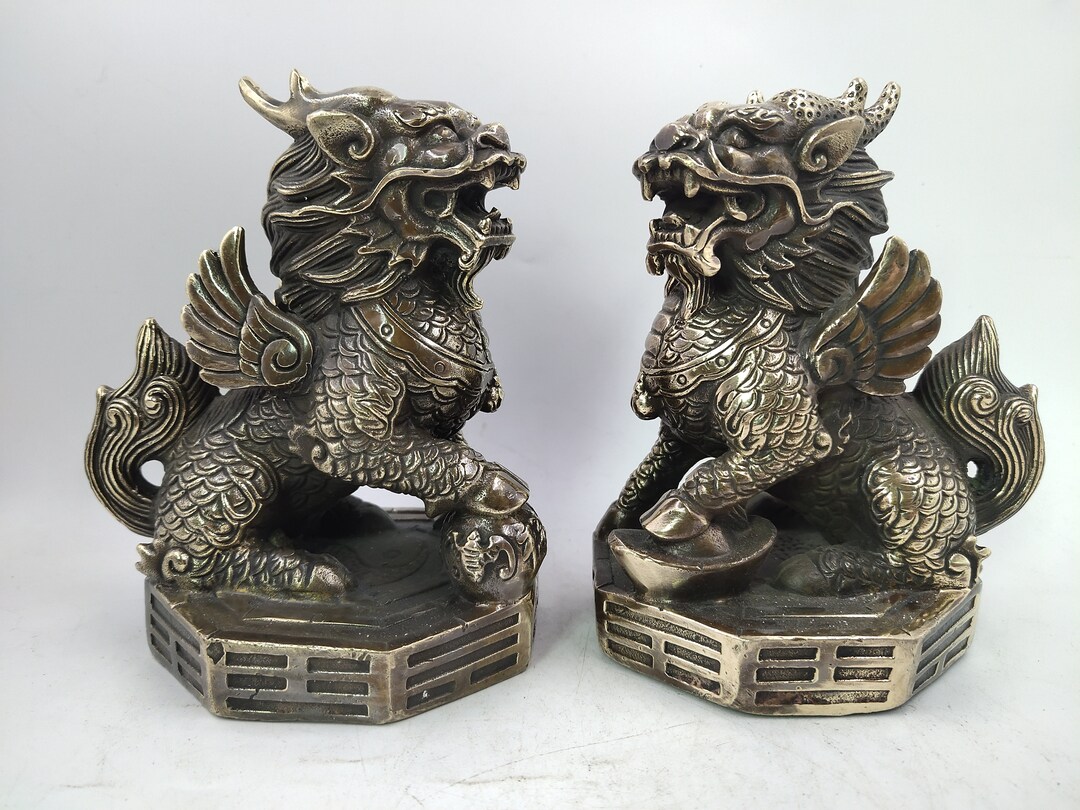 Pair Wealth Pixiu Statue Feng Shui Decor Kirin Pi Yao, Copper Kylin ...