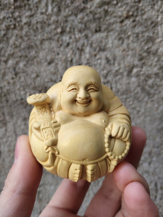 Figurines Sculpture Wooden Buddha Vintage Carved Solid Wood Laughing ...