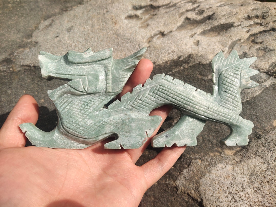 Natural Green Jade Dragon Statue Chinese Feng Shui Lucky Loong Animal ...