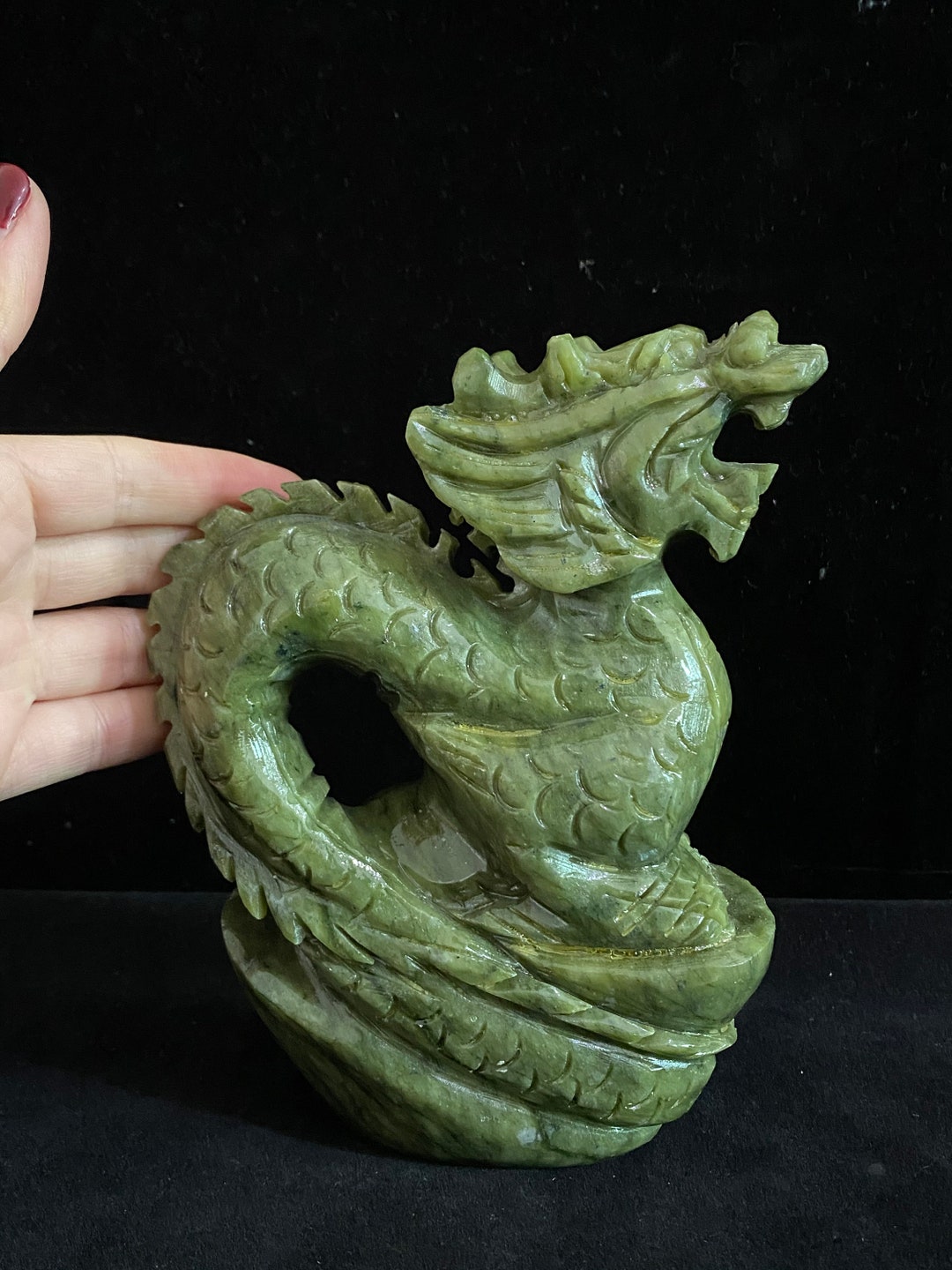 Natural Green Jade Dragon Statue Chinese Feng Shui Lucky Loong Animal ...