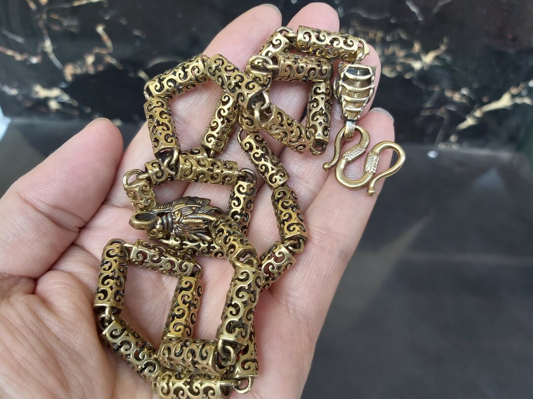 Dragon Head Necklace on 24 Chain, Solid Bronze Pendant, Brass Chain ...