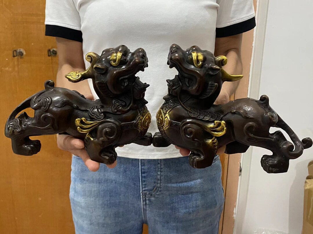 Pair Copper Fengshui Animal Pixiu Beast Wealth Bixie Statue,chinese ...