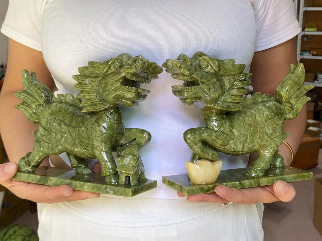 A Pair Feng Shui Green Natural Jade Pi Yao/pi Xiu Wealth Porsperity ...