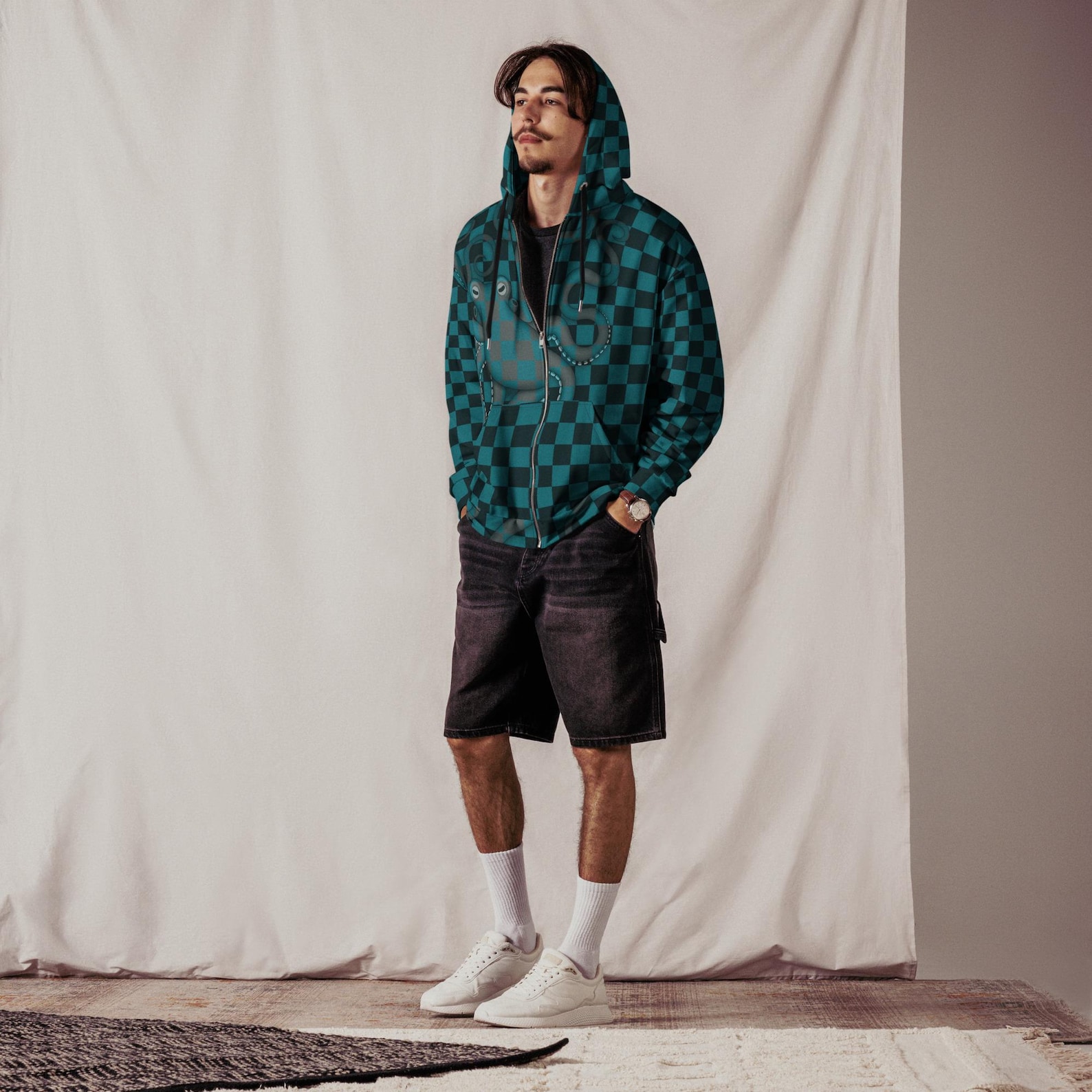 CAVIS Checkered Octopus Camouflage Zip Hoodie, Underwater 80's Nautical ...