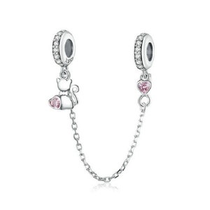 Pet Cat Heart Safety Chain Charm 100% 925 Sterling Silver Fit - Etsy