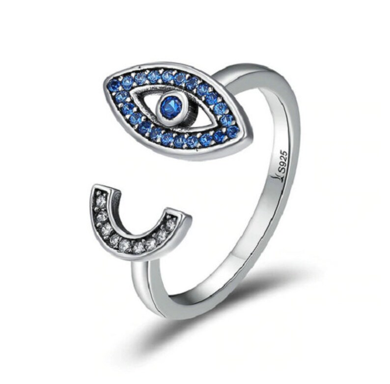 Blue Eye Face Clear CZ Open Finger Rings Handmade 100% 925 - Etsy