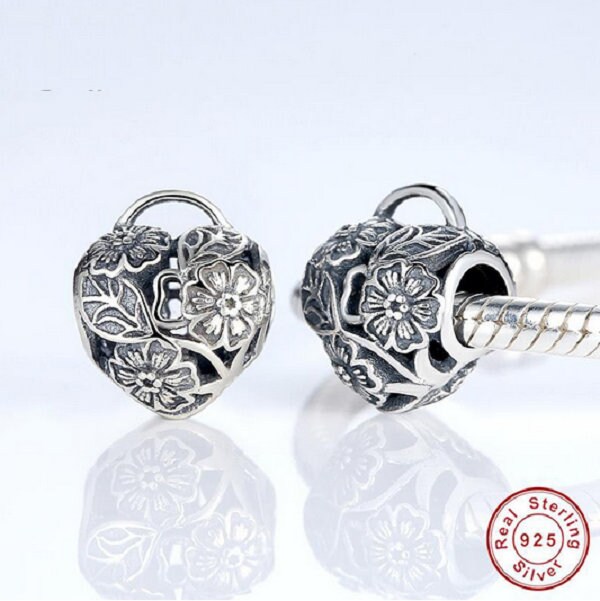 Openwork Flower Floral Heart Padlock Beads Charm 100% 925 | Etsy