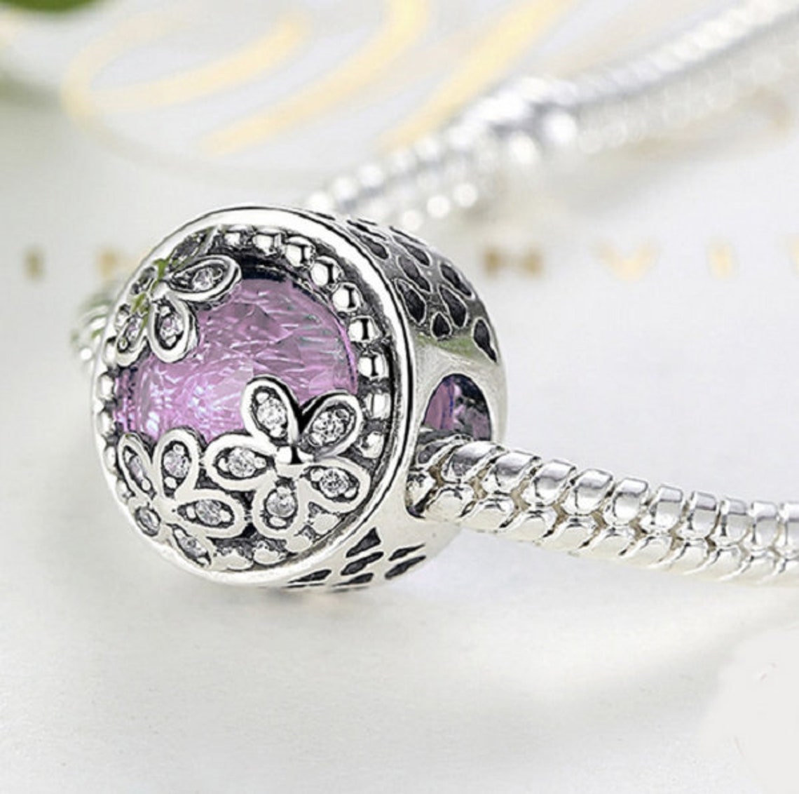 Pink Flower Encased CZ Beads Charm Handmade 100% 925 Sterling - Etsy