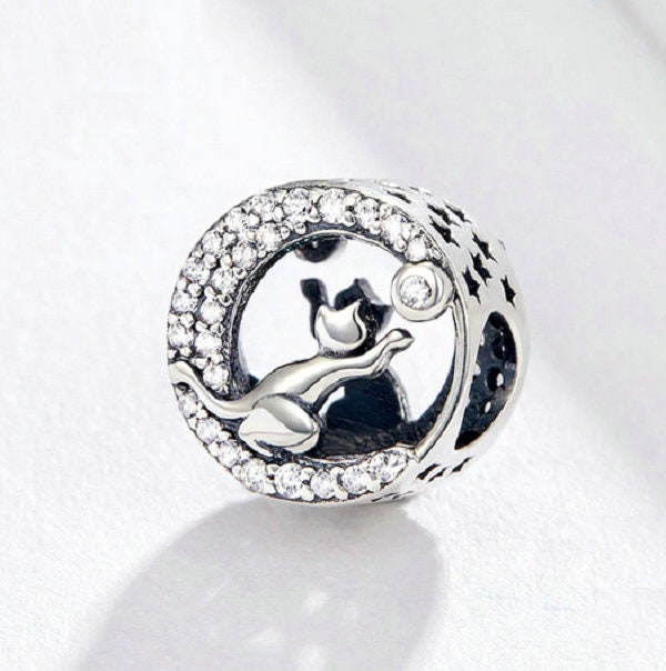 Two Kitty with Moon Beads Charm 100% 925 Sterling Silver fit | Etsy