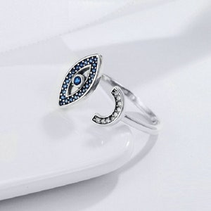 Blue Eye Face Clear CZ Open Finger Rings Handmade 100% 925 Sterling ...