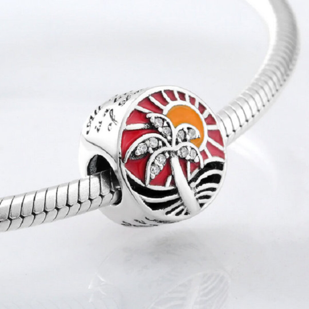 Genuine Sterling Silver Charm Holiday Sunset Palm Tree Enamel CZ Bead ...