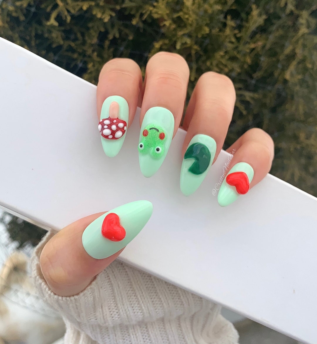 Frog Press on Nails ~ Frog Nails ~ Mushroom Press on Nails ~ Mushroom ...