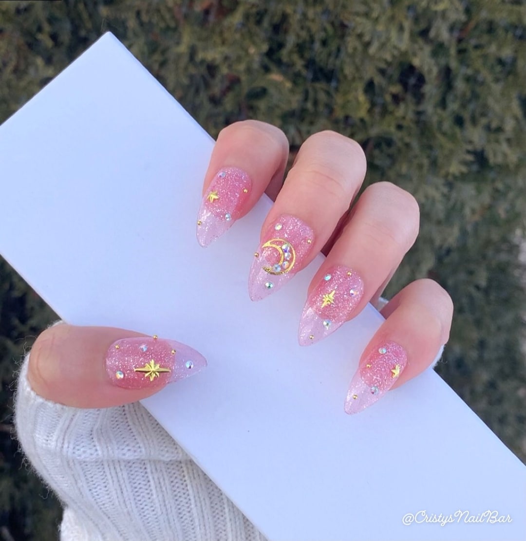 Kawaii Press On Nails Pink Jelly Nails Pink Nails Pink Moon Nails Moon Nails Celestial Nails