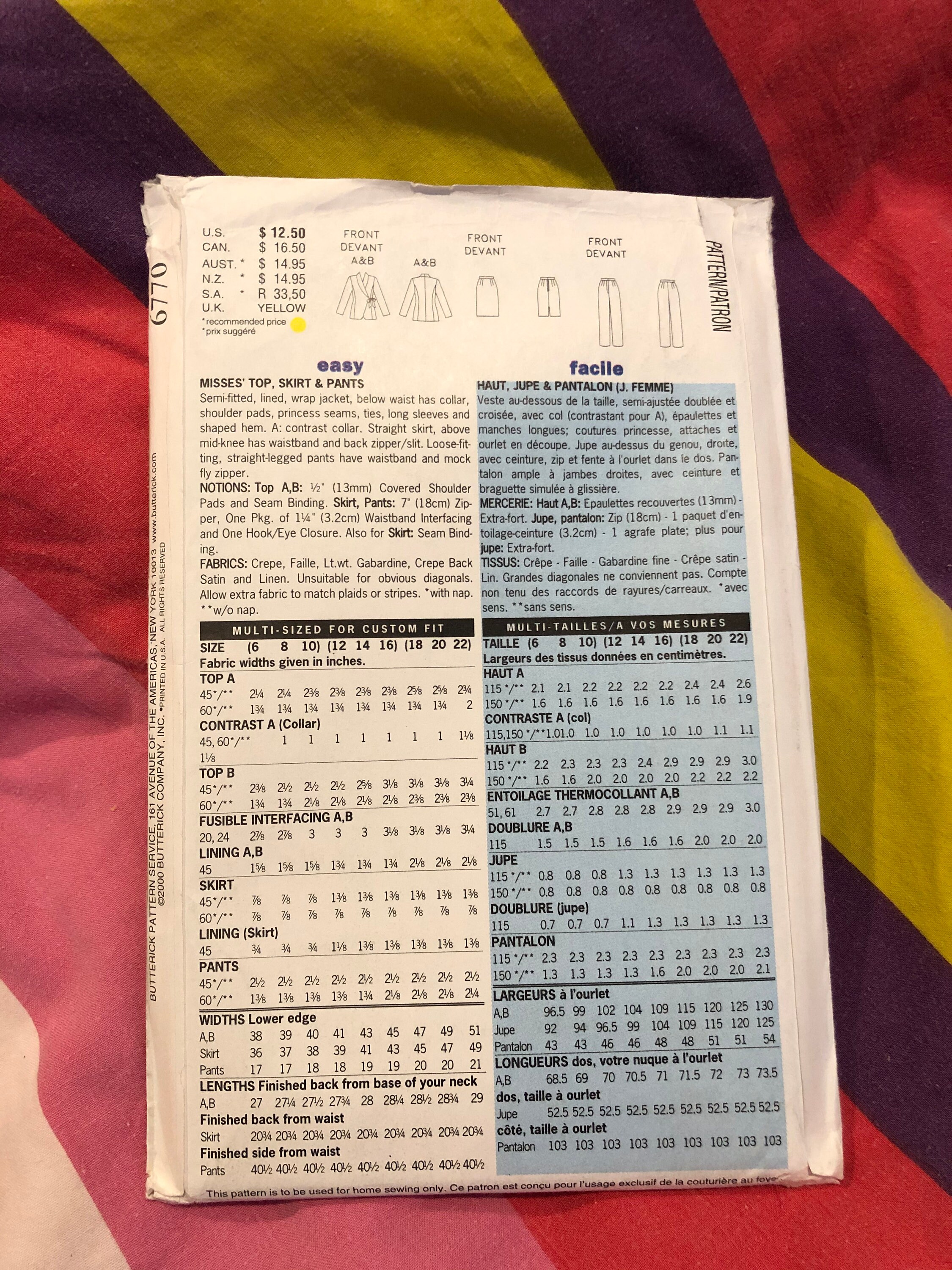 2000's Butterick MISSES' Top Skirt & Pants Sewing Pattern Vintage Size ...
