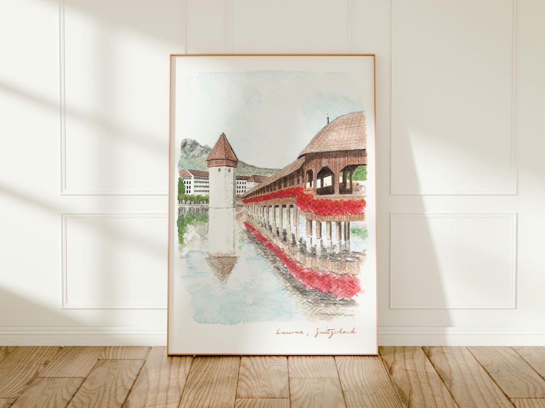 Lucerne Art Print, Switzerland, Chapel Bridge, Travel Watercolour ...