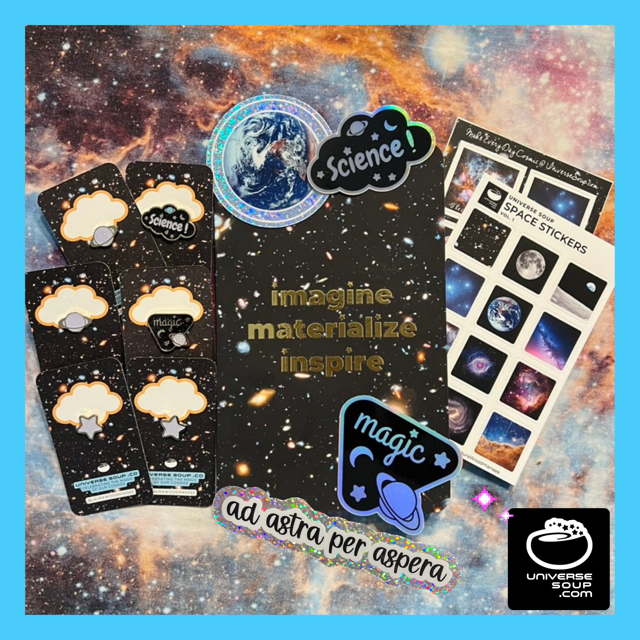Cosmic Gift Box 6 Enamel Pins, 2 Sticker Sheets, 2 Large Holo Stickers ...