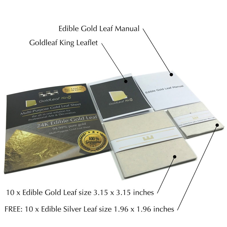 24K Edible Gold Leaf Sheets X 10 Sheet Large 3.15 Inches Edibles Edible ...
