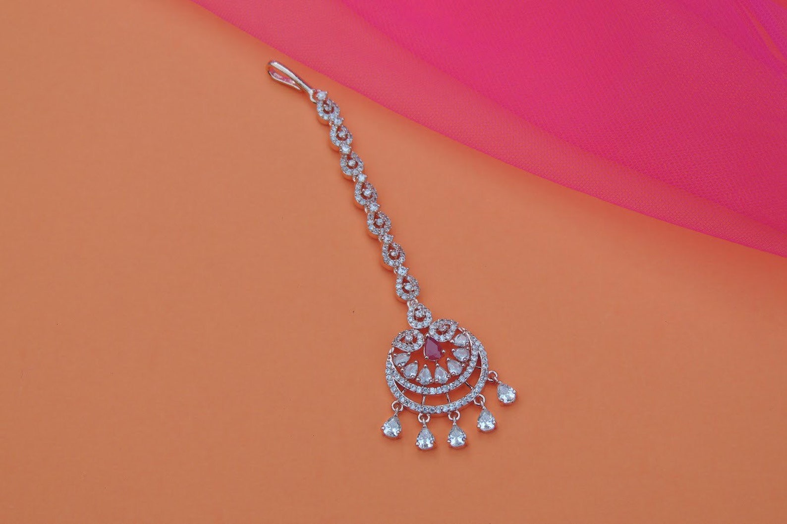 American Diamond Mang Tikka, Rosegold Finish Indian Maang Tika, Ruby ...