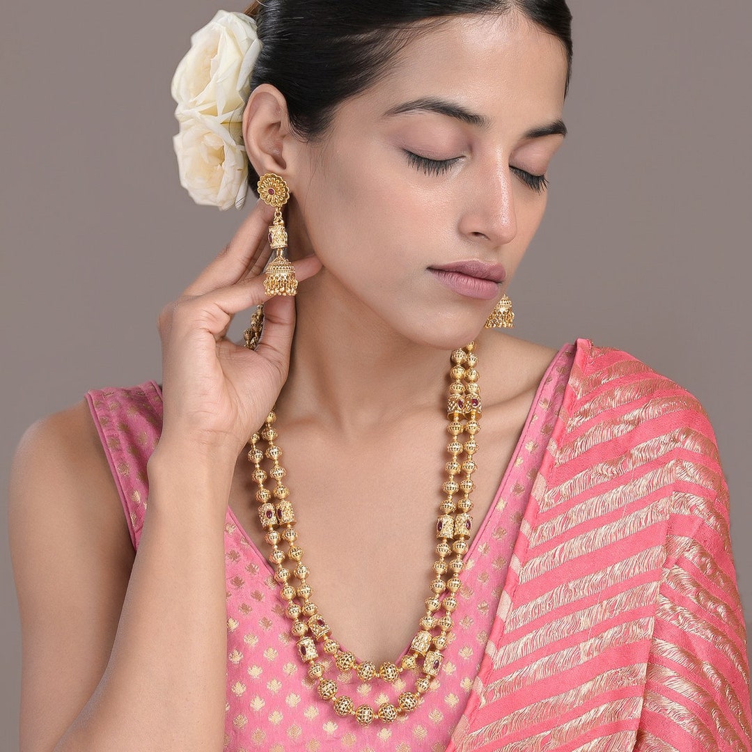 Golden Matar Mala, Multilayer Indian Necklace Set for Women, Multicolor ...