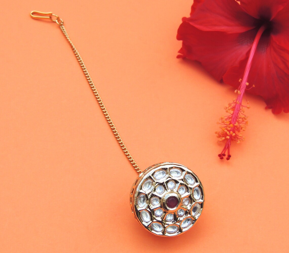 Traditional Rajasthani Borla Tika, Gold Tone Mangtika, Golden Polish ...