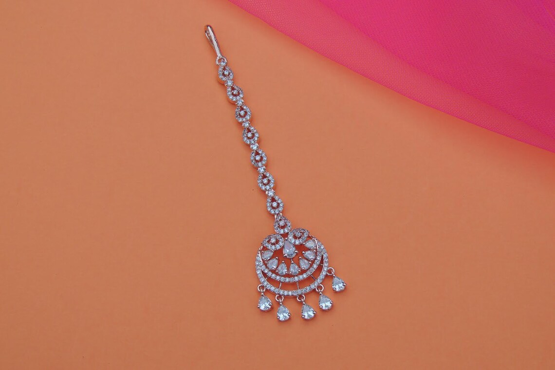 American Diamond Mang Tikka, Rosegold Finish Indian Maang Tika, Ruby ...