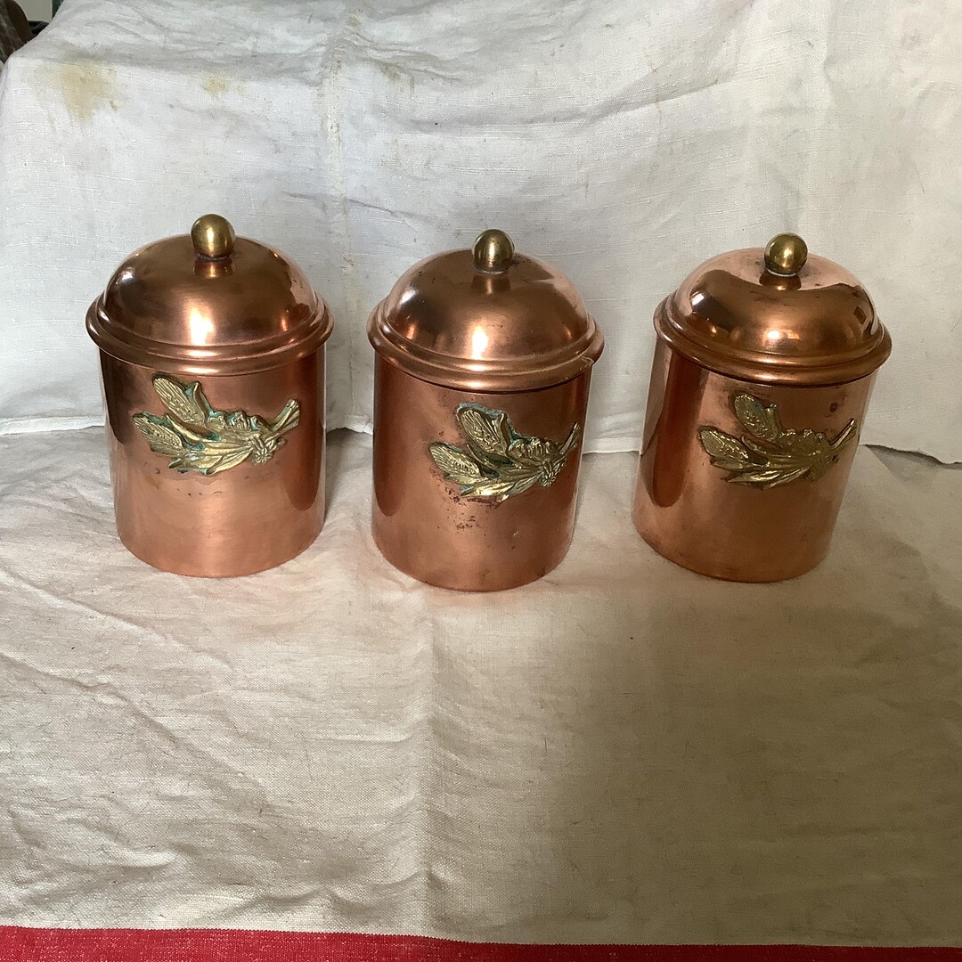 Three Vintage 1940s Copper Containers Tin Lined, Made in France, Brass ...