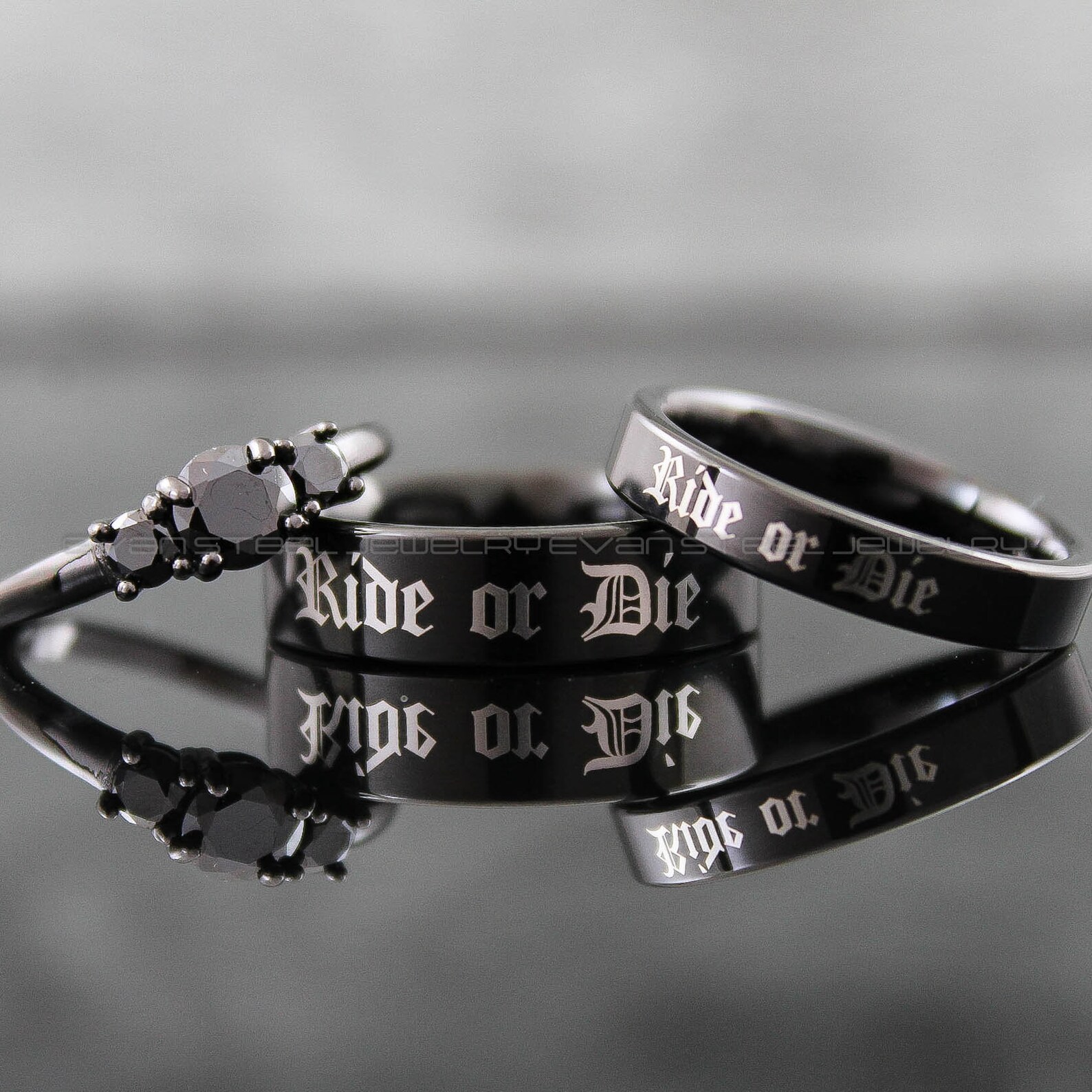 Ride or Die Rings, Ride or Die Wedding Rings, 3 Piece Couple Set Black ...