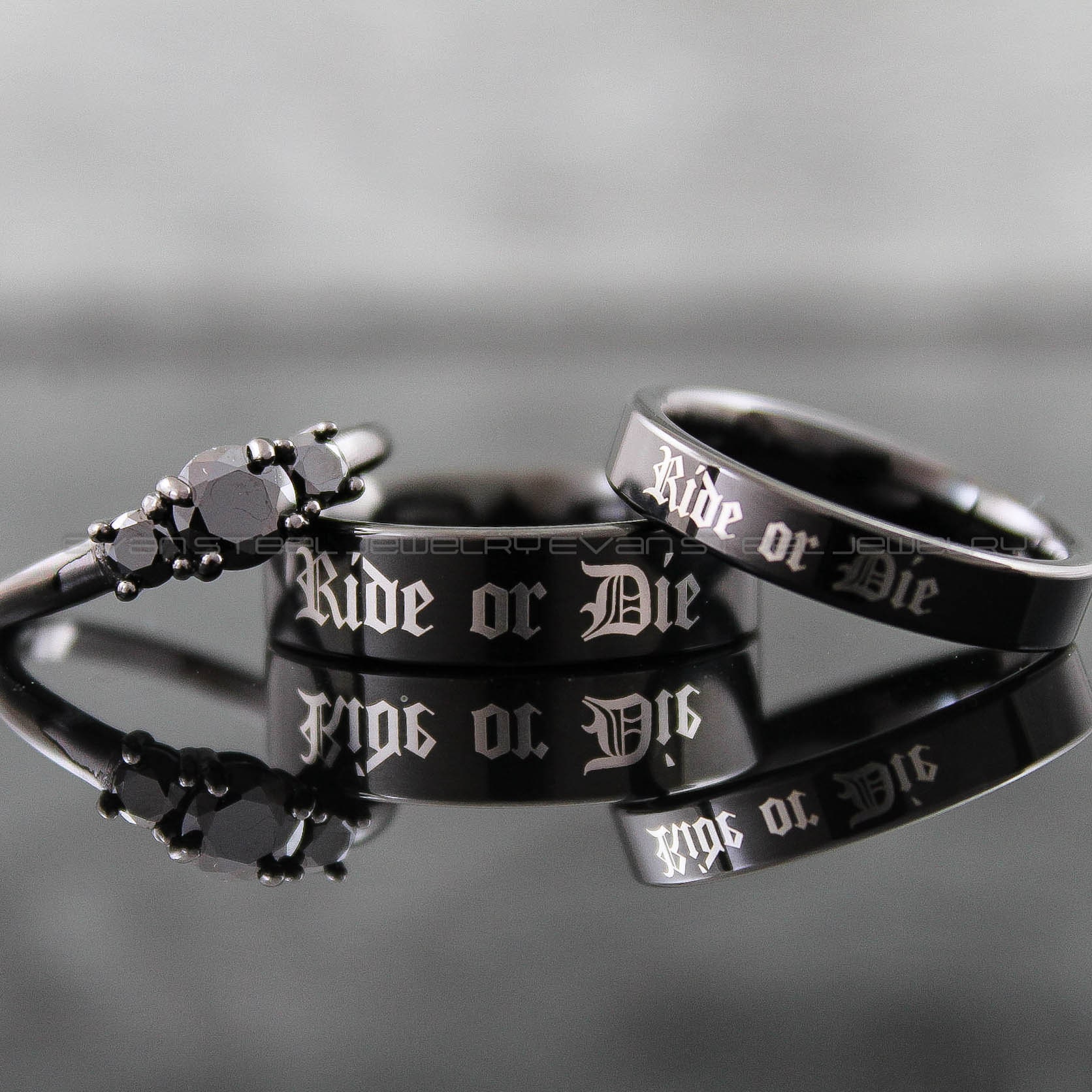 Ride or Die Rings, Ride or Die Wedding Rings, 3 Piece Couple Set Black ...