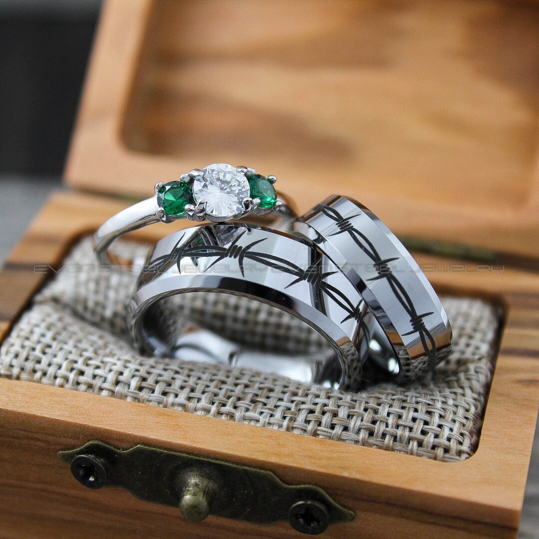 Barbed Wire Rings, Barb Wire Ring, 3 Piece Couple Set 8mm & 6mm Silver ...