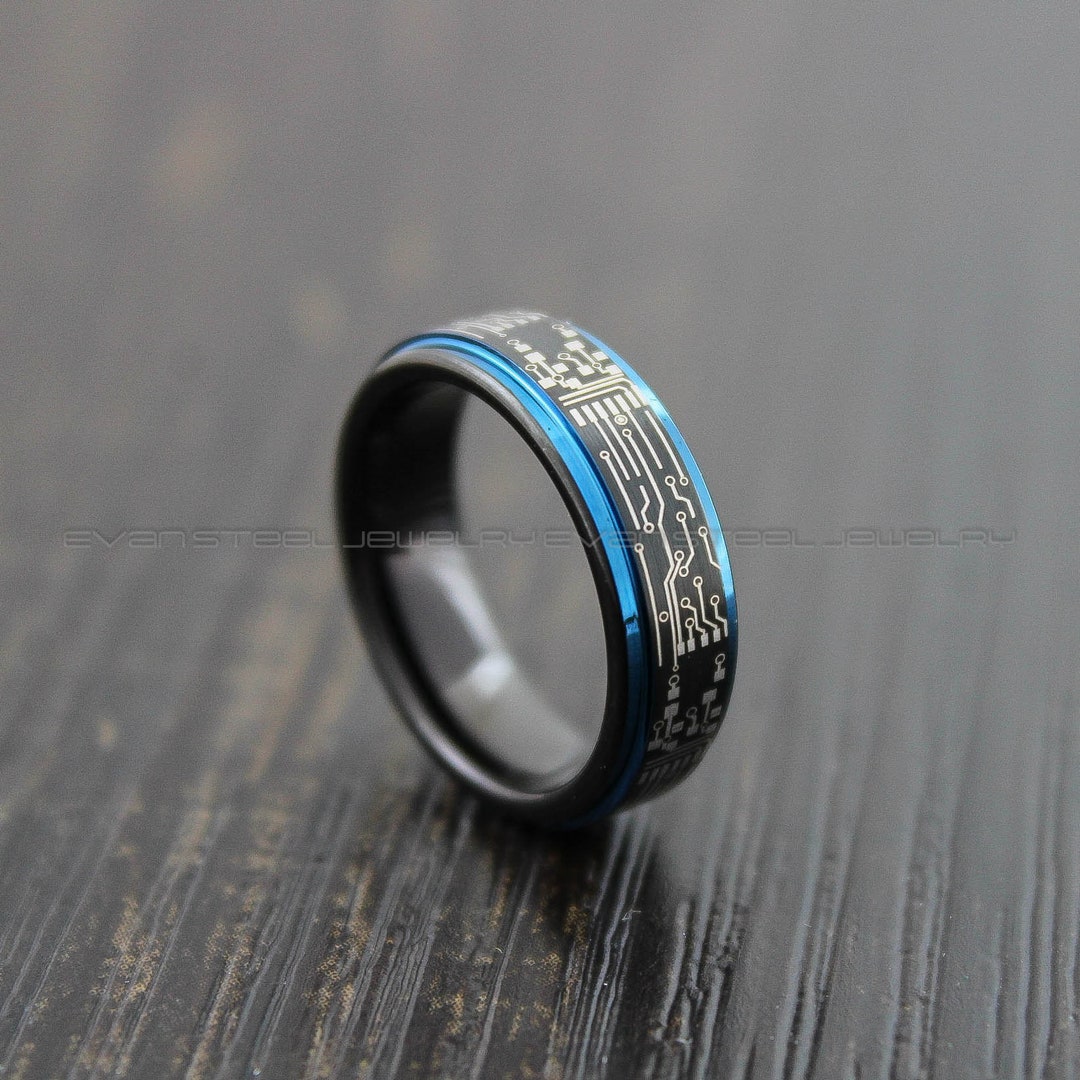 Gamer Ring, Circuit Board Ring, 6mm Black Tungsten Band Blue Step Edge ...