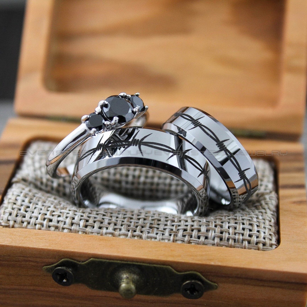 Barbed Wire Rings, Barb Wire Ring, 3 Piece Couple Set 8mm & 6mm Silver ...
