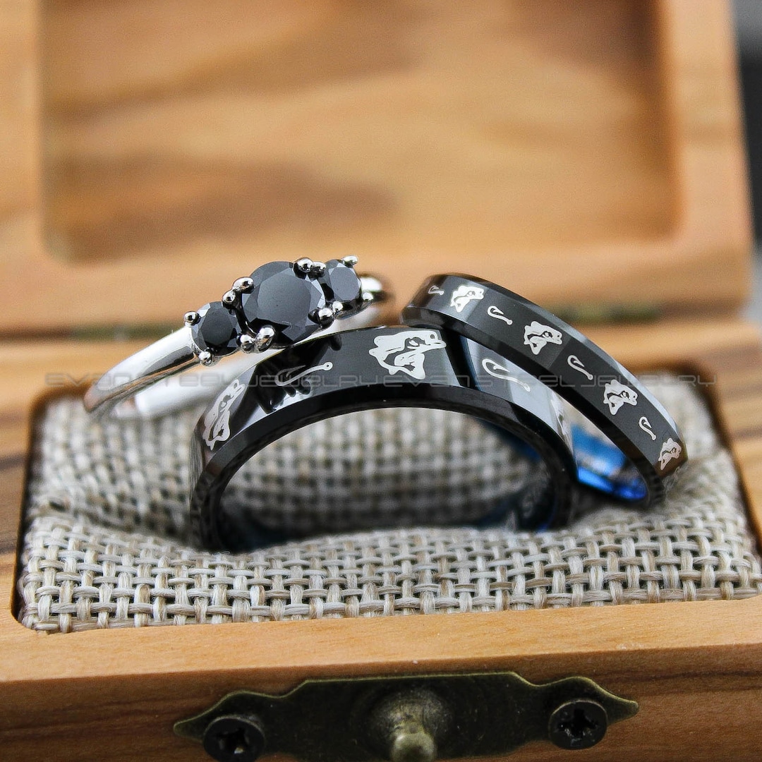 Fishing Rings, Bass Rings, Couple Wedding Ring Set, 3 Piece Couple Set ...