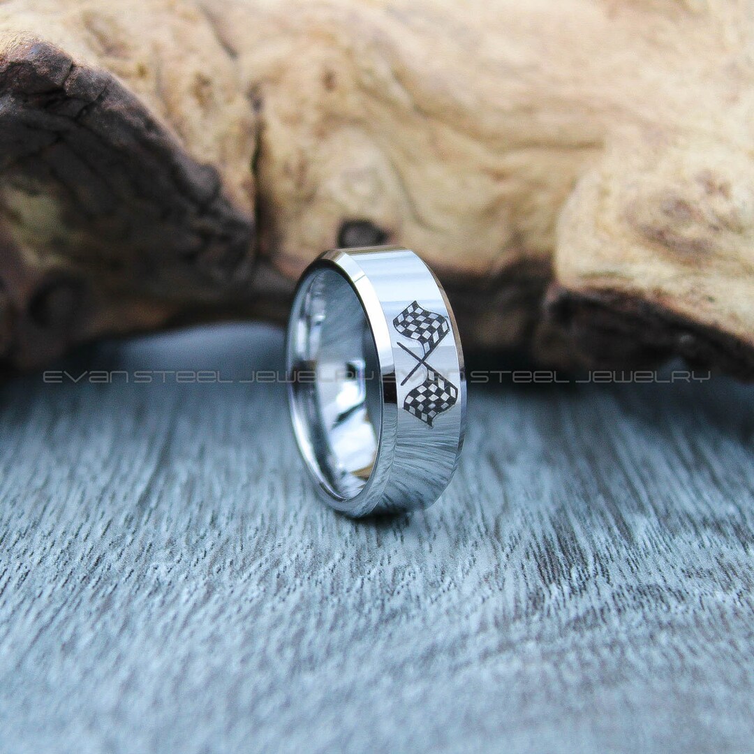 Racing Ring, Car Racing Ring, 8mm Silver Tungsten Band With Beveled ...